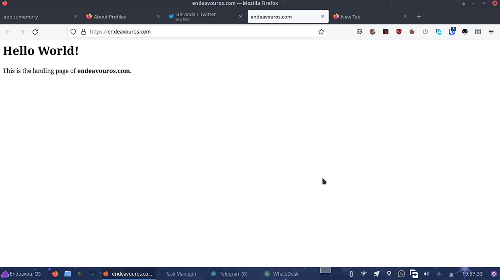 The home page displays the words Hello World - Website - EndeavourOS