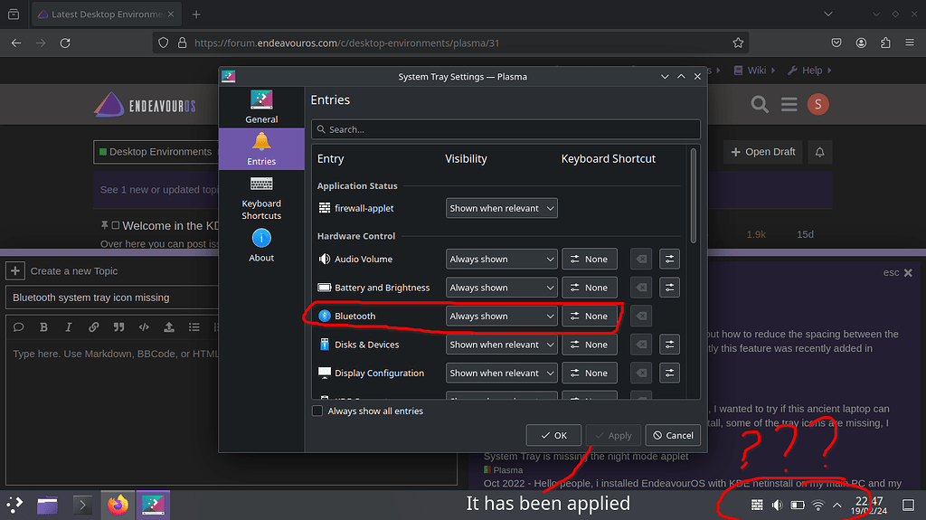 Bluetooth system tray icon missing - Plasma - EndeavourOS